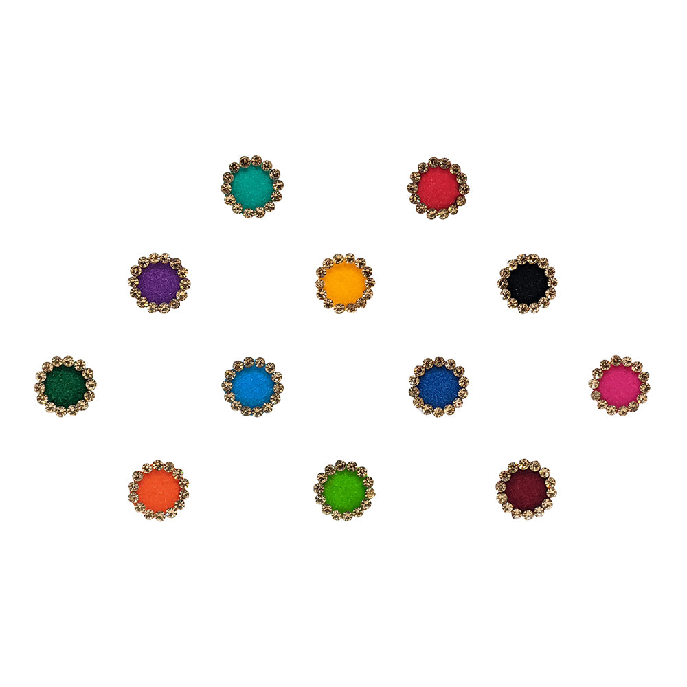 Comet Busters Multicolor Round Velvet Bindi With Gold Stone Border (6.
