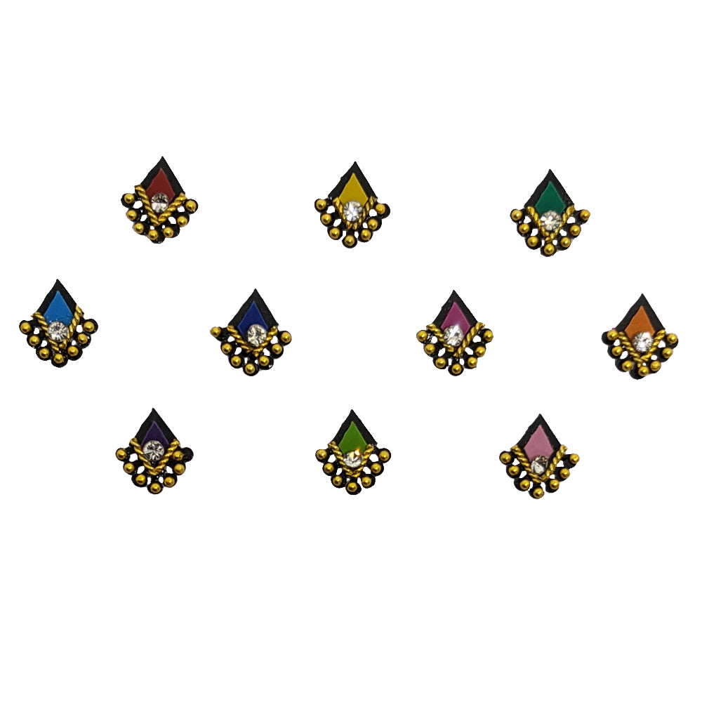 Comet Busters Fancy Diamond Shaped Multicolor Bindi With Gold Beads (B