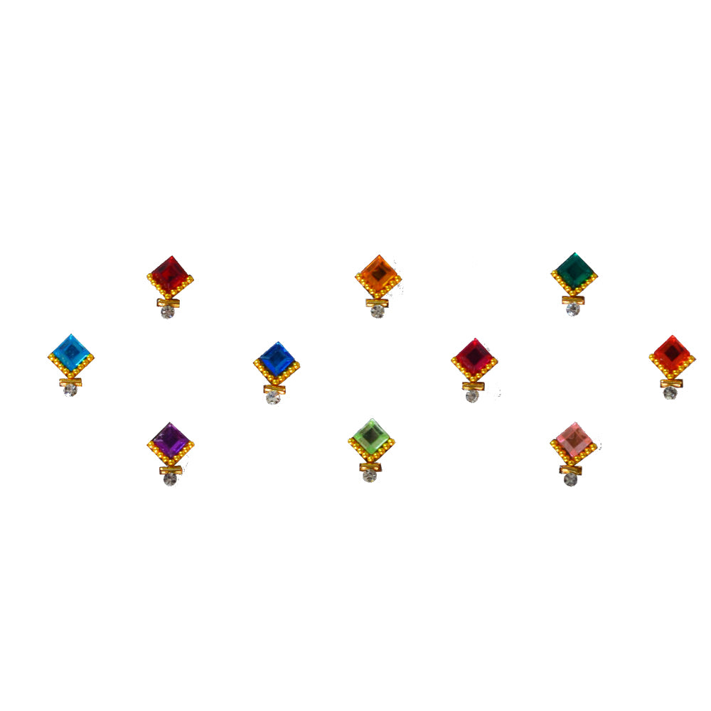Comet Busters Beautiful Multicolor Square Stone Bindis With Gold Beads